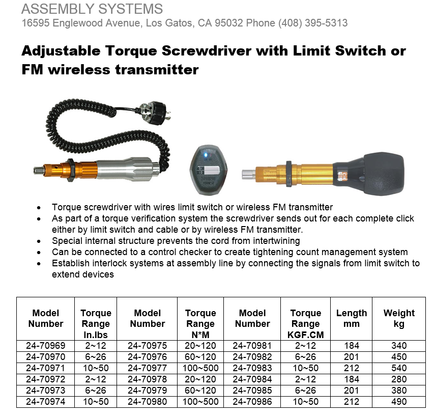 Adjustable Torque Screwdriver with Limit Switch or FM Wireless ...