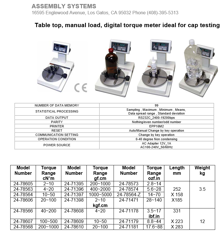 Table top, manual load, digital torque meter ideal for cap testing ...