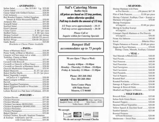 Catering Menu | Sal's Family Pizza Restaurant - Monroe, Connecticut
