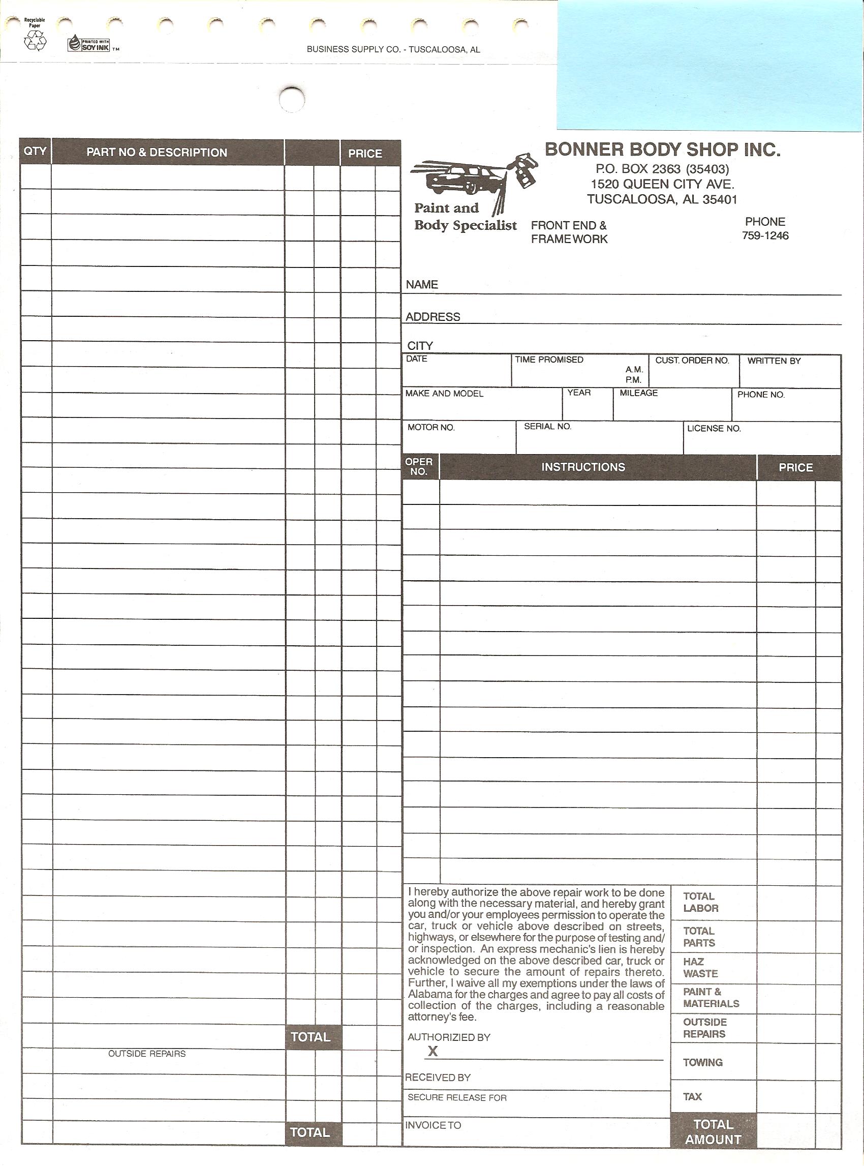 Authorization to Repair Form | Bonner Body Shop - Tuscaloosa, Alabama Authorization to Repair Form | Bonner Body Shop - Tuscaloosa, Alabama